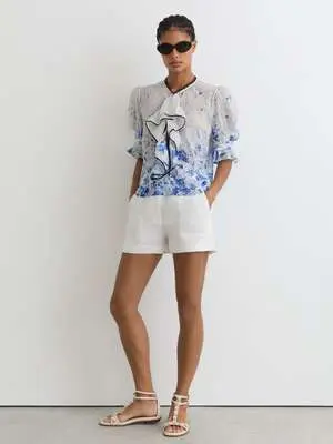 REISS Floral-print Ruffle Blouse - Ivory/blue