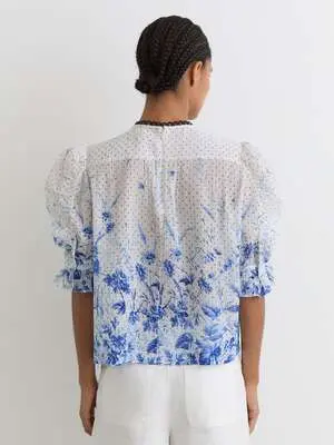 REISS Floral-print Ruffle Blouse - Ivory/blue