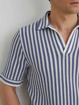 REISS Alba Cotton-blend Stripe Knit Polo Shirt - Blue/ Off White