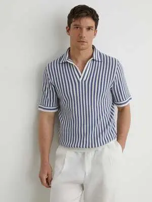 REISS Alba Cotton-blend Stripe Knit Polo Shirt - Blue/ Off White