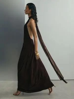 ATELIER Chiffon Draped Halterneck Maxi Dress