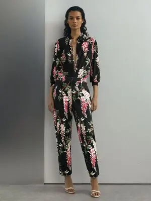 ATELIER Cotton Floral-print Tapered Trousers - Black