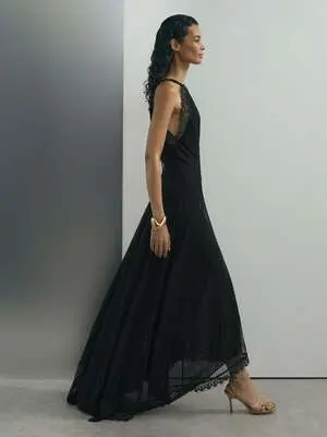 ATELIER Lace-trim Striped Mesh Maxi Dress