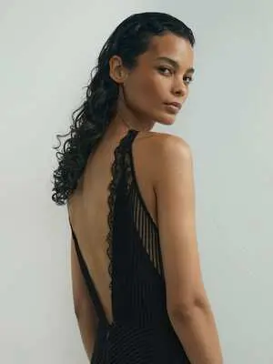 ATELIER Lace-trim Striped Mesh Maxi Dress