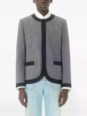 Valentino Garavani Pinstripe Wool Band Collar Jacket - Grey
