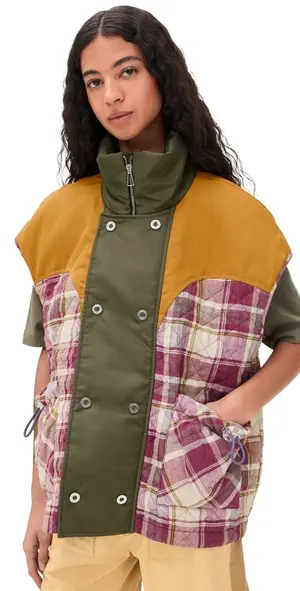 MARBELL Kate Vest Quilted Plaid Sleeveless With Funnel Neck - Red Smoothie