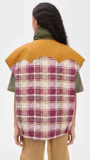 MARBELL Kate Vest Quilted Plaid Sleeveless With Funnel Neck - Red Smoothie