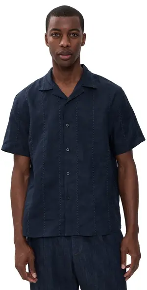Vince Linen Eyelet Stripe Short Sleeve Cabana Shirt - Coastal