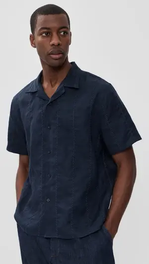 Vince Linen Eyelet Stripe Short Sleeve Cabana Shirt - Coastal