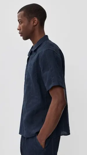 Vince Linen Eyelet Stripe Short Sleeve Cabana Shirt - Coastal