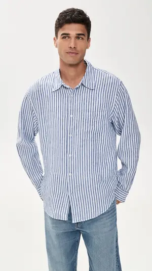Madewell Long Sleeve Linen Top - Blue Stripe