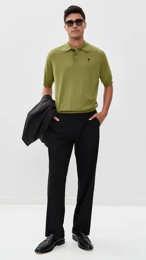 AMI Paris Short Sleeve Sweater Polo - Matcha/noir