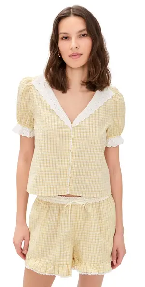 WAYF Emma Plaid Seersucker V-neck Top