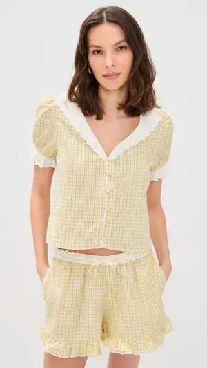 WAYF Emma Plaid Seersucker V-neck Top