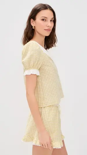 WAYF Emma Plaid Seersucker V-neck Top