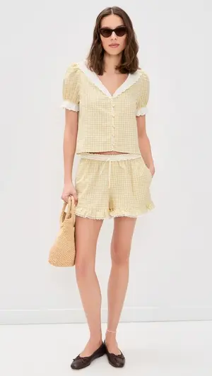 WAYF Emma Plaid Seersucker V-neck Top
