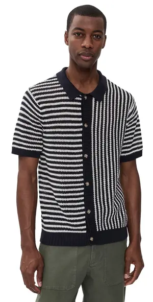 Onia Linen Crochet Button-up Sweater - Midnight/egret