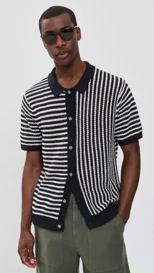 Onia Linen Crochet Button-up Sweater - Midnight/egret