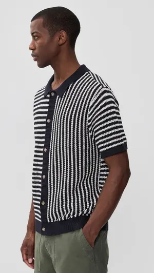 Onia Linen Crochet Button-up Sweater - Midnight/egret