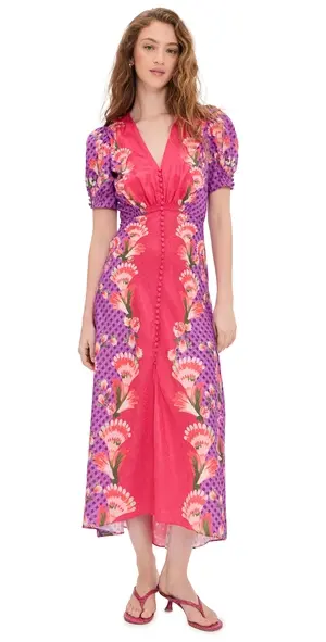 Saloni Lea Silk Floral Midi Dress