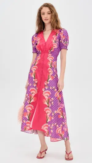 Saloni Lea Silk Floral Midi Dress