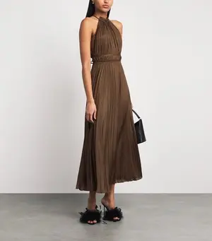 Maje Satin Pleated Maxi Dress - Brown