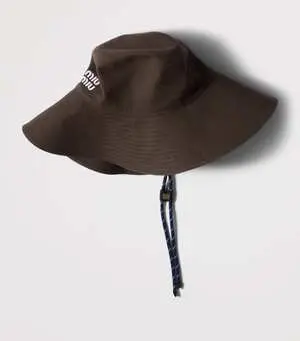 Miu Miu Cotton Bucket Hat With Logo - Brown