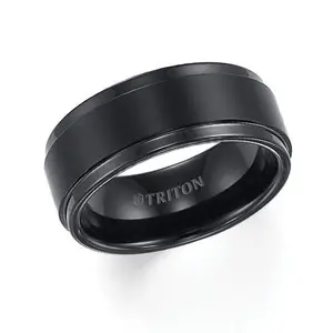 TRITON 6mm Tungsten Carbide Ring With Satin Finish Center And Step Edge - Black