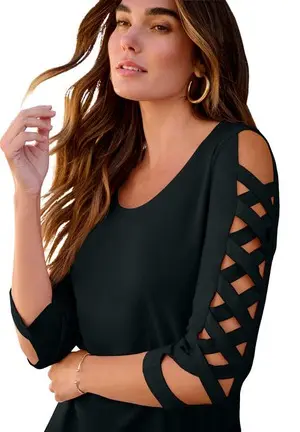 Roaman's Roaman's Lattice Sleeve Scoopneck Tee Black