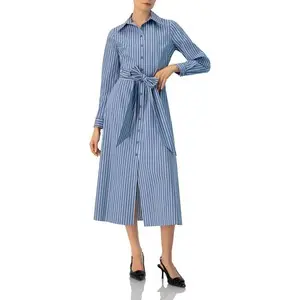 IVONNE Striped Collared Midi Shirt Dress With Waist Tie