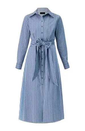 IVONNE Striped Collared Midi Shirt Dress With Waist Tie