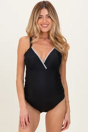 PINKBLUSH Embroidered V-Neck Maternity One Piece Swimsuit Black