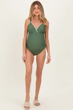 PINKBLUSH Embroidered V-neck Maternity One Piece Swimsuit - Light Olive