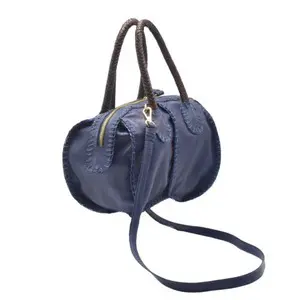 Carlos Falchi Mini Barrel Leather Bag With Woven Handles - Navy