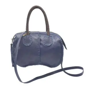 Carlos Falchi Mini Barrel Leather Bag With Woven Handles - Navy