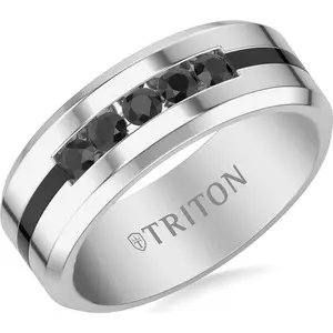 TRITON 8mm Tungsten Carbide Ring With Black Sapphires - Metallic Silver