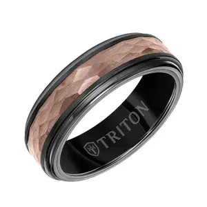 TRITON 7mm Tungsten Carbide Ring With Hammered Center - Brown