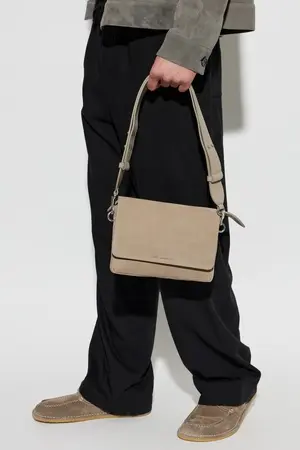 AMI Paris Leather Shoulder Bag With Logo - Beige
