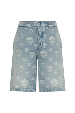 Alexander McQueen Denim Shorts With Monogram - Blue
