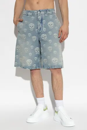 Alexander McQueen Denim Shorts With Monogram - Blue