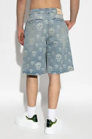 Alexander McQueen Denim Shorts With Monogram - Blue