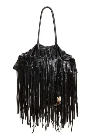 Alexander McQueen Manta Fringe Embellished Croc-embossed Leather Shoulder Bag - Black/silver