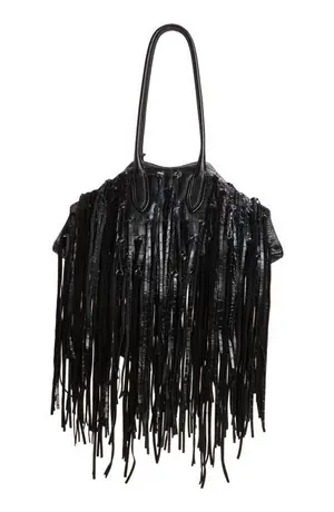 Alexander McQueen Manta Fringe Embellished Croc-embossed Leather Shoulder Bag - Black/silver