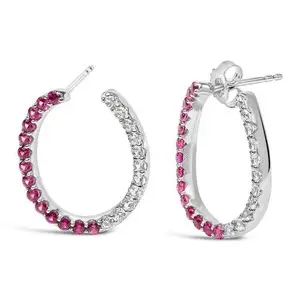 HAUS OF BRILLIANCE Sterling Lab Created Ruby And White Sapphire Hoop Earrings