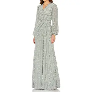 Mac Duggal Sequin-embellished Long Sleeve Evening Gown - Sage