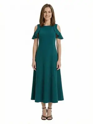 24SEVEN COMFORT APPAREL Petite Ruffle Sleeve Cold Shoulder A-line Maxi Dress - Hunter