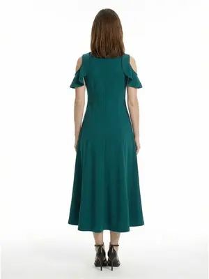 24SEVEN COMFORT APPAREL Petite Ruffle Sleeve Cold Shoulder A-line Maxi Dress - Hunter