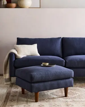 Quince Atlas Midcentury Ottoman In Performance Chenille Linen Blend - Ink