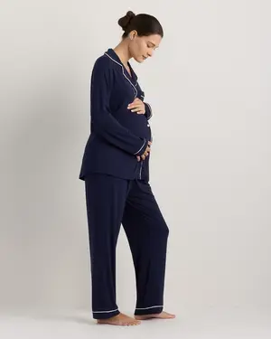 Quince Bamboo Jersey Maternity Long Sleeve Pajama Set - Deep Navy