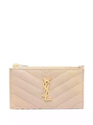 Saint Laurent Quilted Pebbled Leather Cardholder - Neutrals